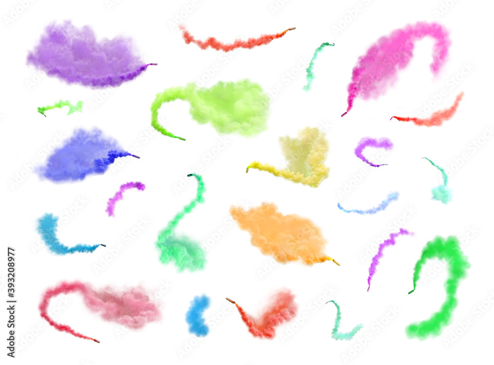 Explosion of colored smoke grenade set isolated on white. Colorful ...