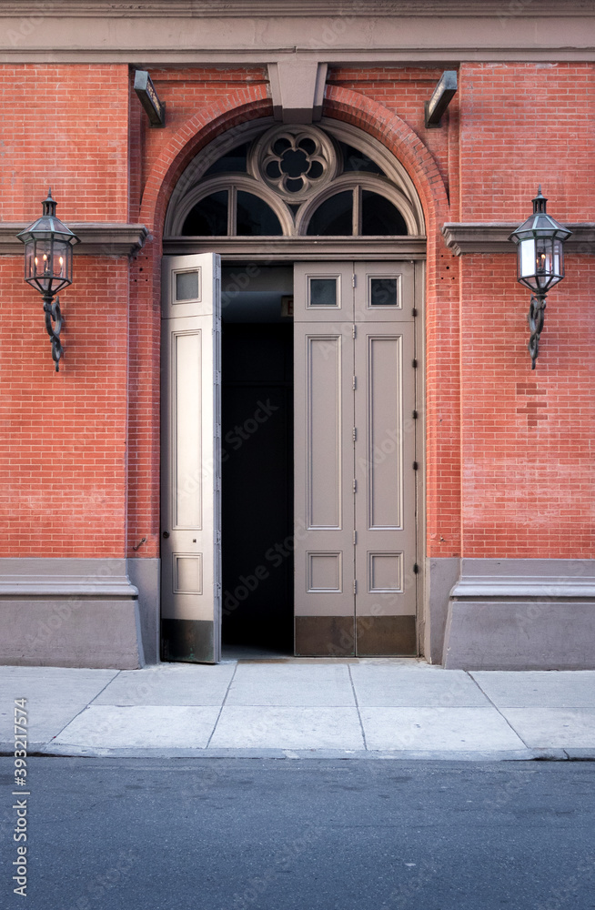 entrance door in brick building, historical architecture Stock Photo ...