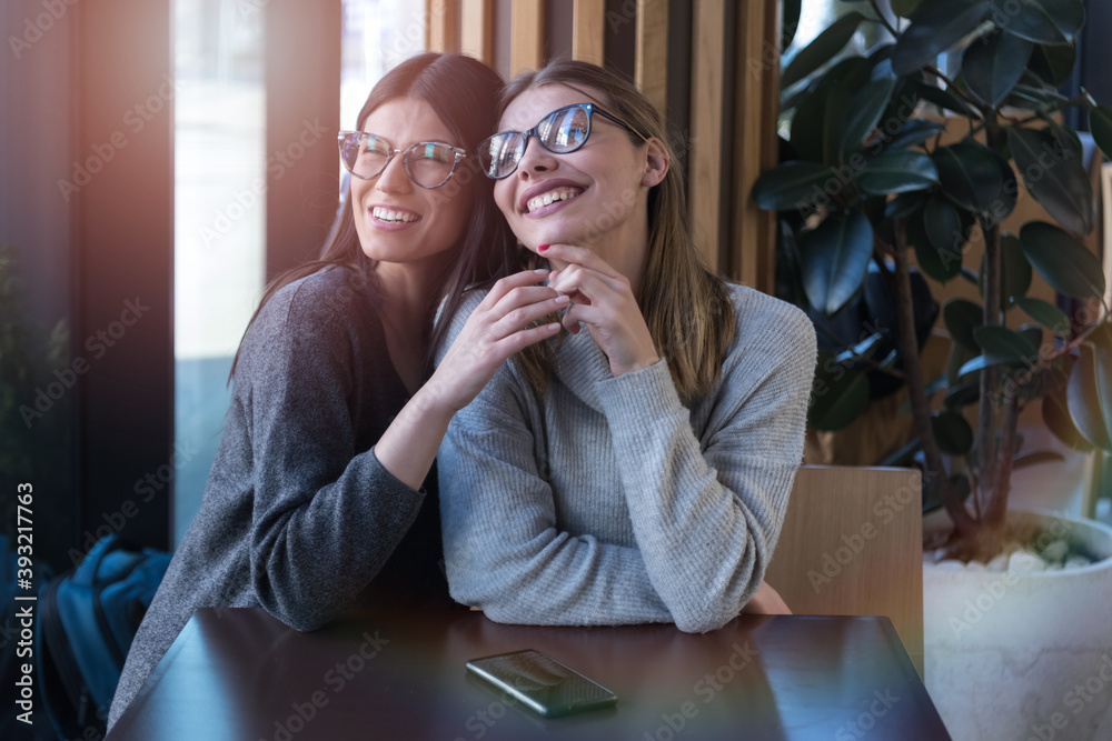 LGBT Cheerful female friends chatting in cafe. Two beautiful young ...