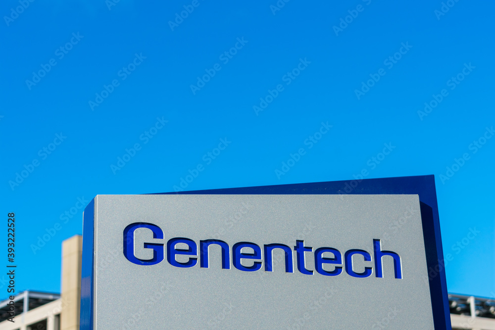 Genentech company sign at biotechnology corporation headquarters campus ...