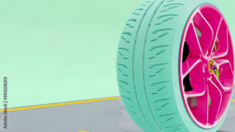 Pink alloy wheel with blue tires with modern Brake Disc and Calliper ...