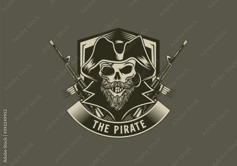 vintage retro badass tactical bearded skull pirate badge vector ...
