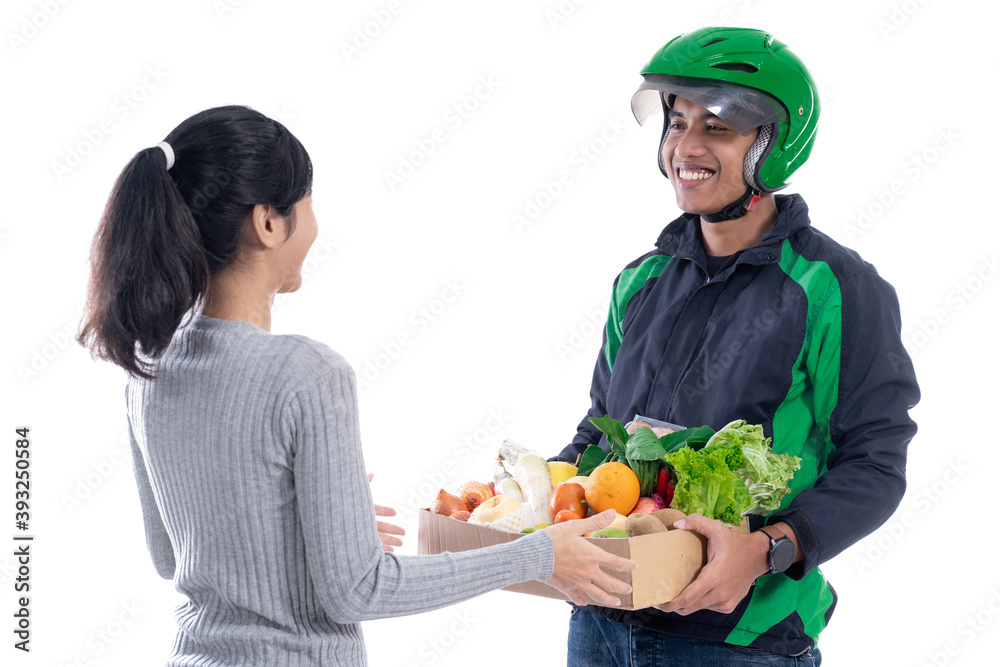 online grocery shopping. delivery man deliver food order to customer ...