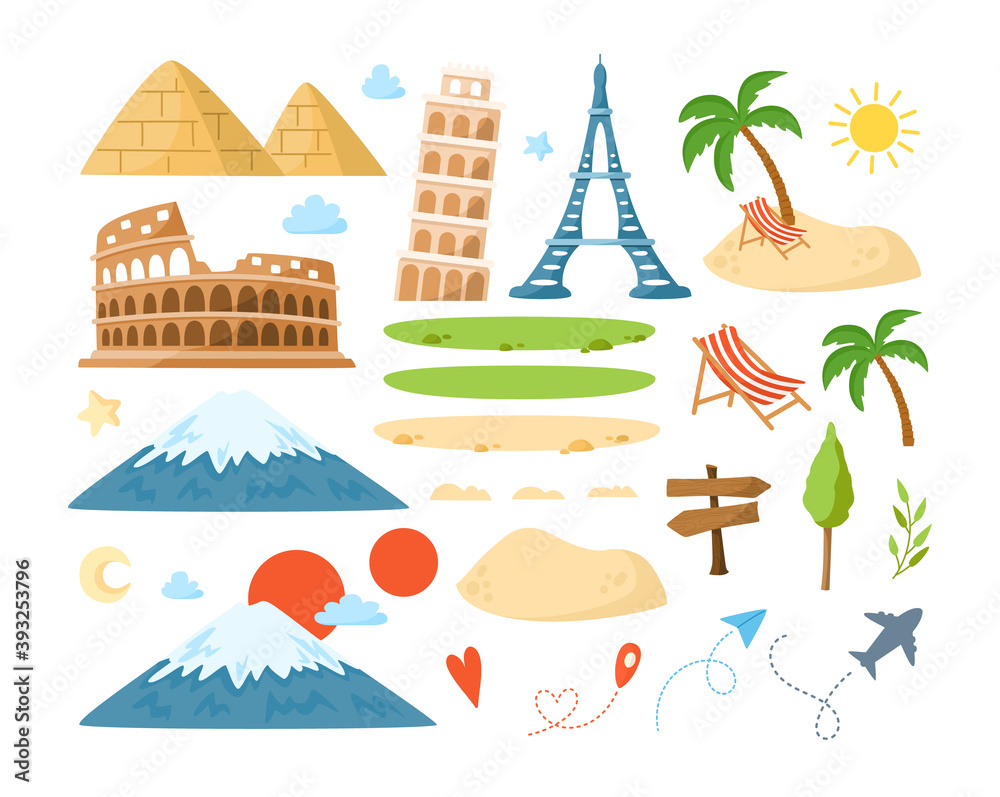 World Travel cartoon landmarks, world places isolated cliparts with ...
