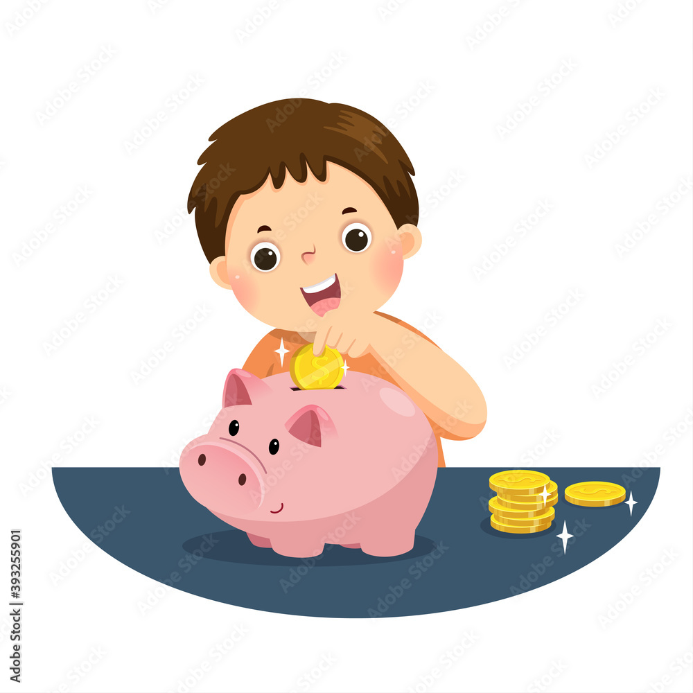 Vector illustration cartoon of a little boy putting coin into piggy ...