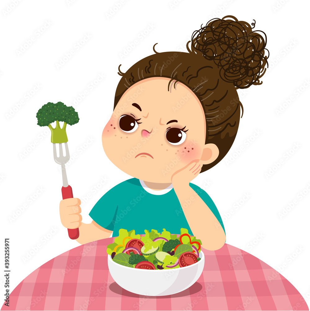 Vector illustration cartoon of an unhappy girl does not want to eat ...
