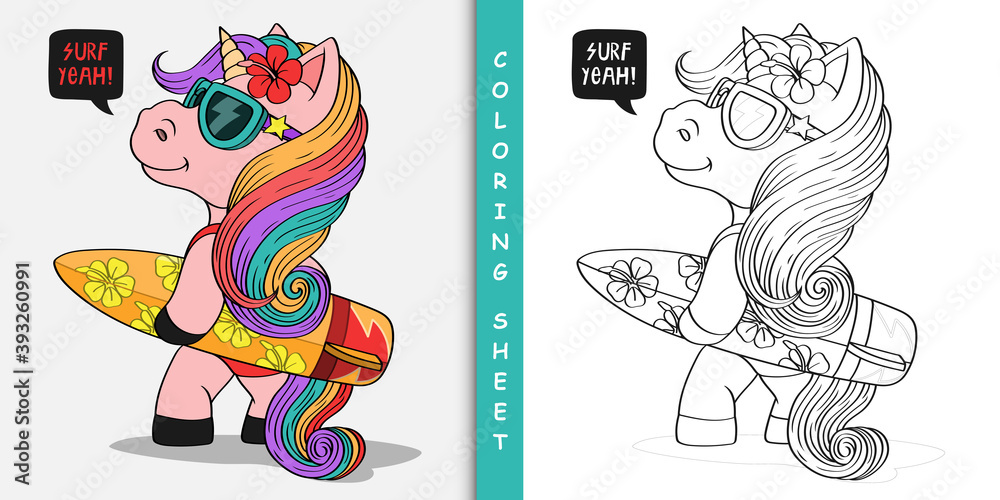 Cartoon unicorn with surfboard, Coloring sheet Stock Illustration ...