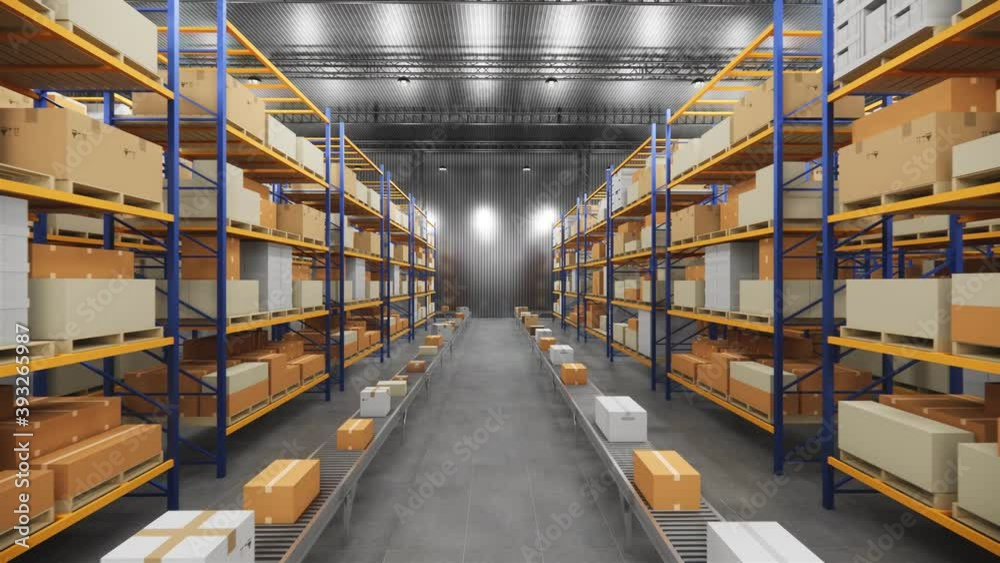 Warehouse with cardboard boxes inside on pallets racks, logistic center ...