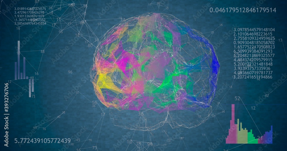 Rotating 360 low polygonal brain 3D model on blue background with ...