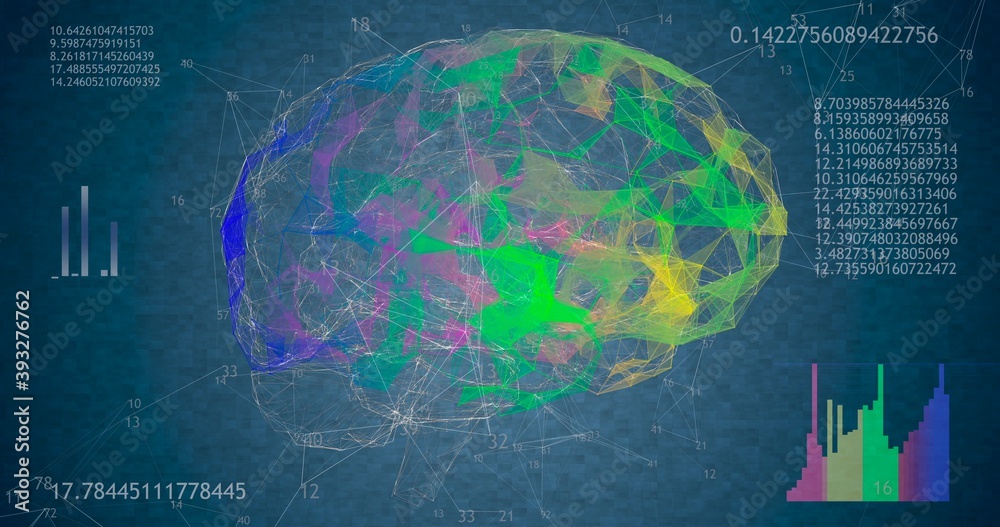 Rotating 360 low polygonal brain 3D model on blue background with ...