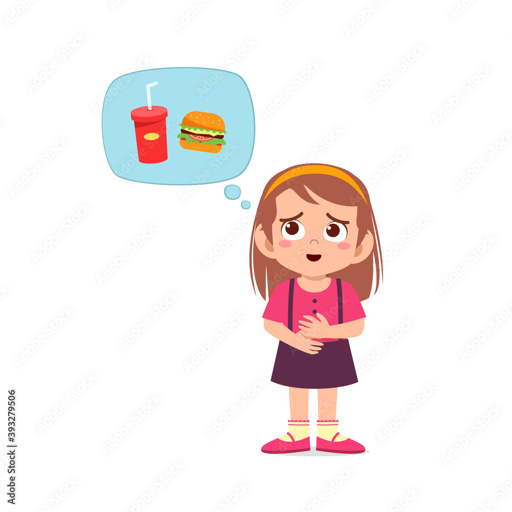happy cute kid boy and girl feels hungry want to eat and thinks about ...