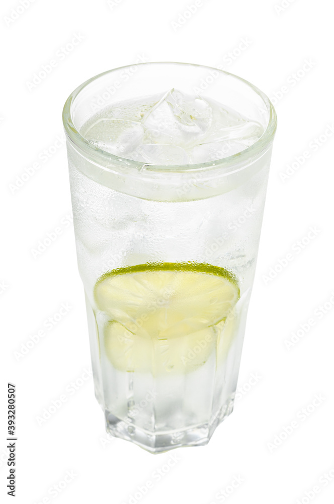 gin and tonic cocktail in highball glass with two slices of lime and ice cubes isolated on white ...