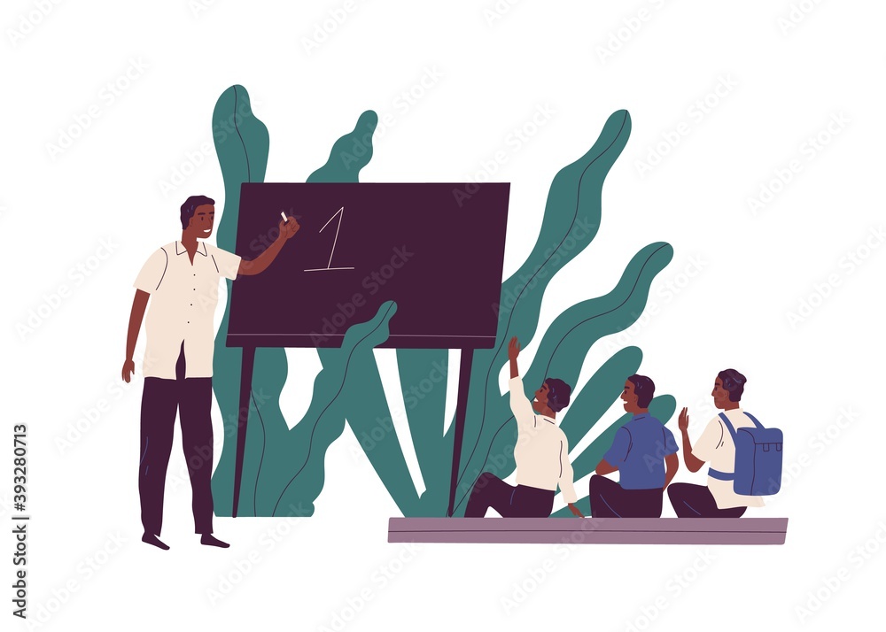 African american teacher explaining math to children near blackboard in ...