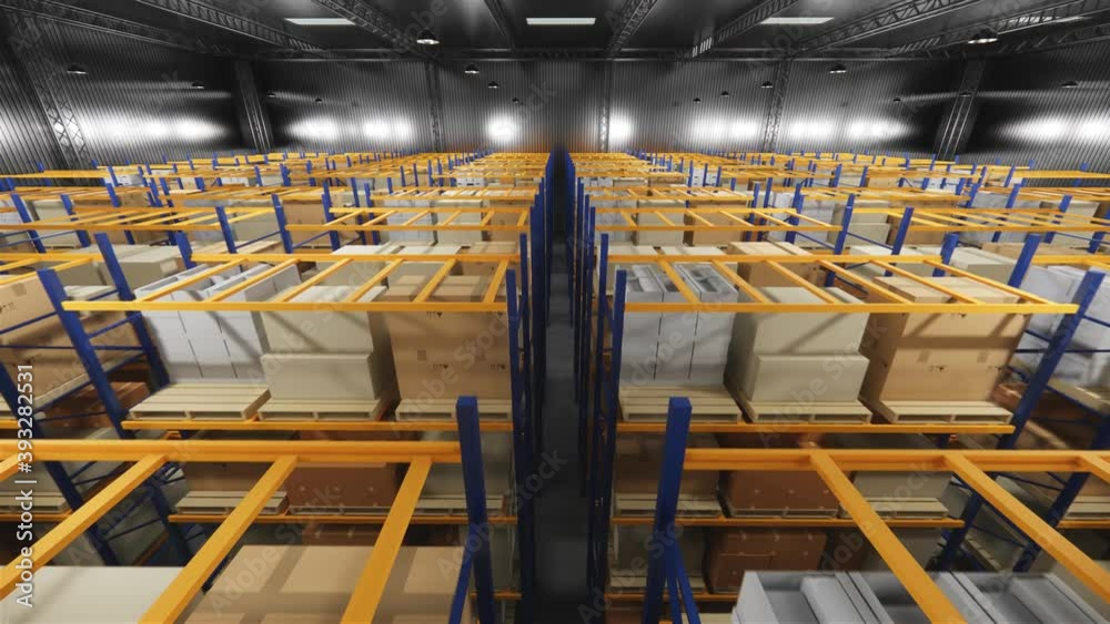 Warehouse with cardboard boxes inside on pallets racks, logistic center ...