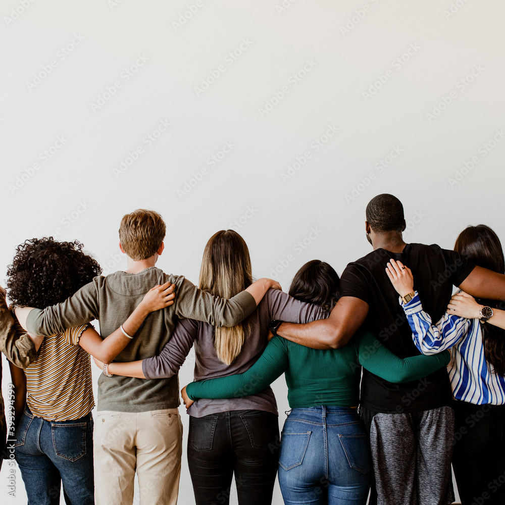 Rearview of diverse people hugging each other Stock Photo | Adobe Stock