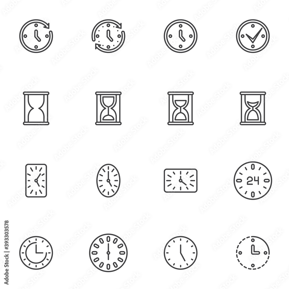 Time clock line icons set, outline vector symbol collection, linear ...