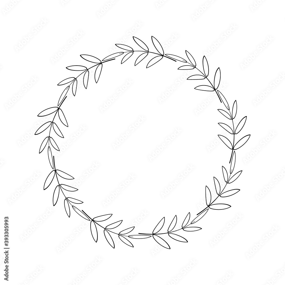 Simple round wreath with contour branches. A border of black leaves ...