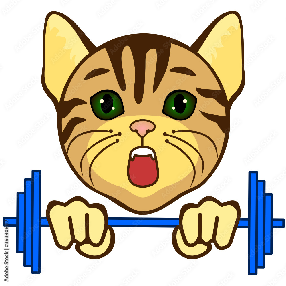 Emoticon with a cool cat weightlifter that raises the barbell, color ...