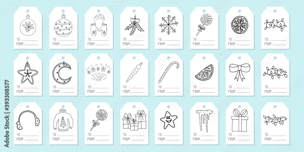 Large set of tags for gift boxes. A collection of labels with Christmas ...