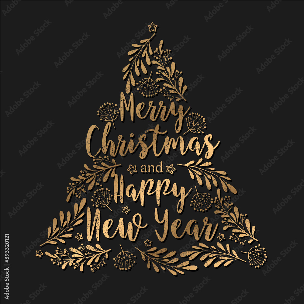 Vector illustration with gold christmas tree from handwritten ...