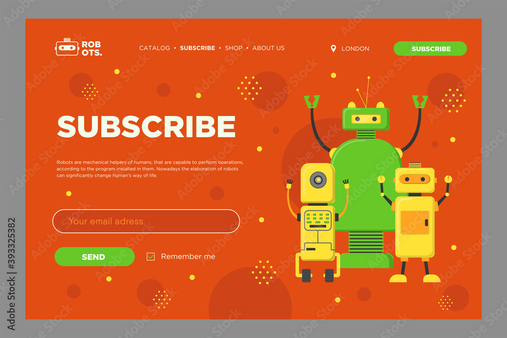 Online newsletter design with robots. Team of friendly welcoming ...