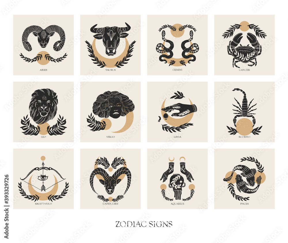 Set of Zodiac signs icons in boho style. trendy vector illustrations ...