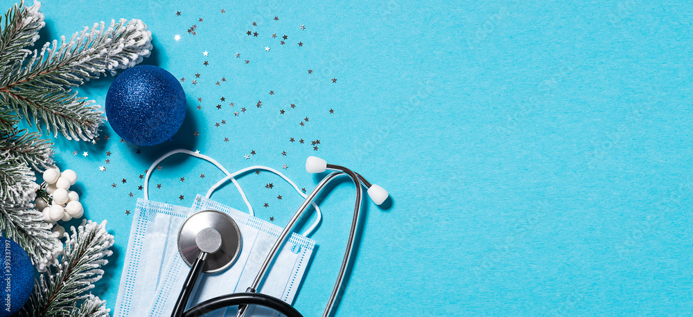 Christmas medical banner with festive sparkling decorations, fir tree ...