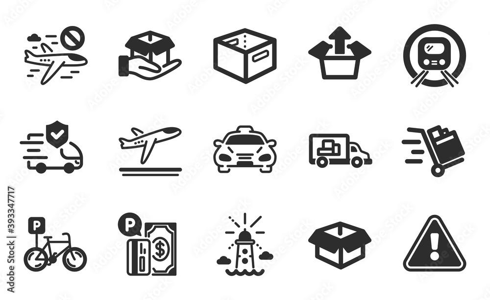 Vetor do Stock: Send box, Push cart and Lighthouse icons simple set. Opened box, Cancel flight ...