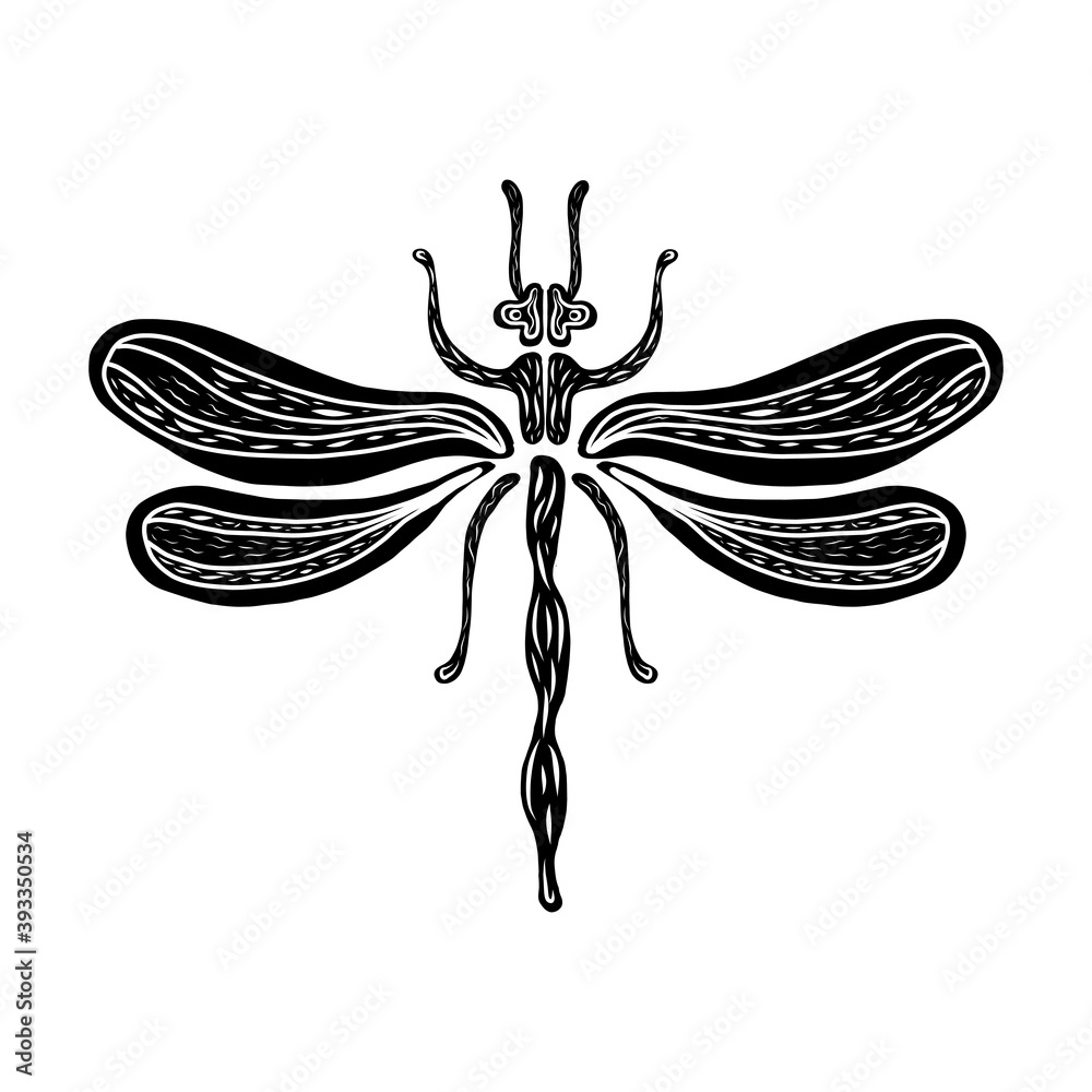 Dragonfly linocut illustration, draw, ink, vector. A black dragonfly ...