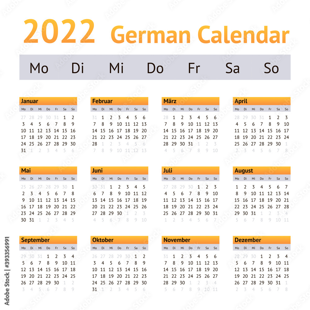 Vetor de 2022 German Annual Calendar. Weeks start on Monday do Stock ...
