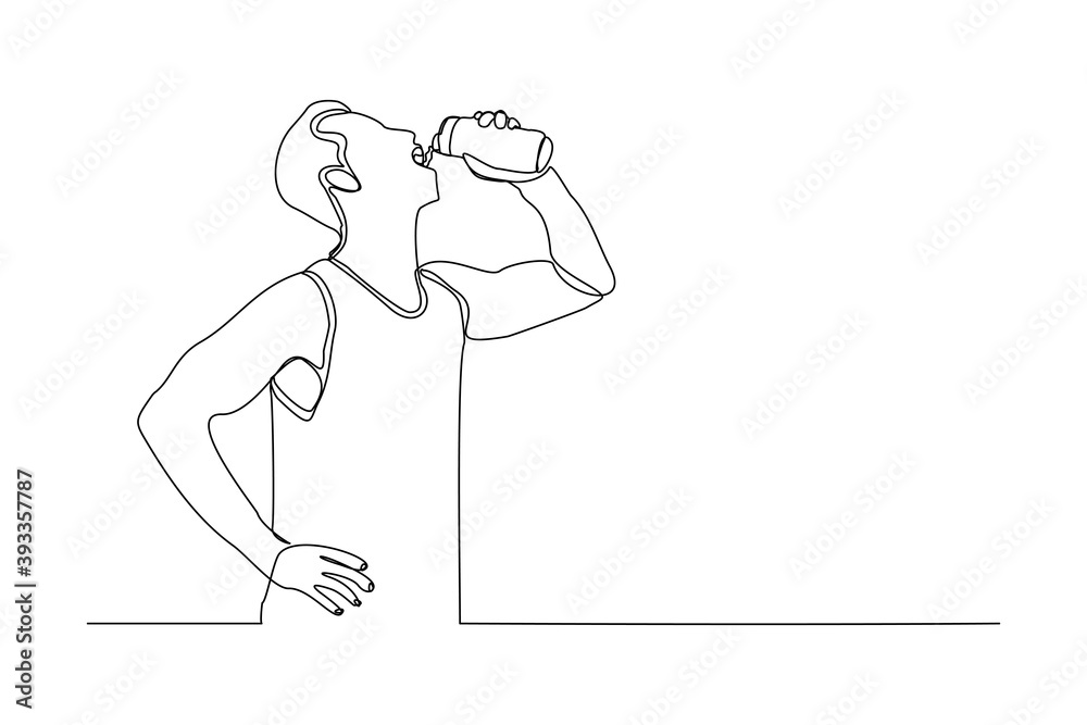 Continuous line drawing of sporty man drink energy water from bottle ...