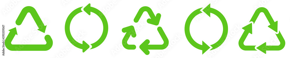 Biodegradable, compostable, recyclable icon set. Set of green arrow recycle. Flat design web ...