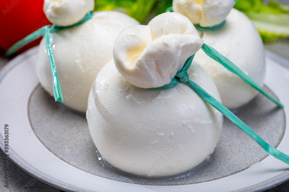 Cheese collection, fresh soft Italian cheese from Puglia, white balls ...