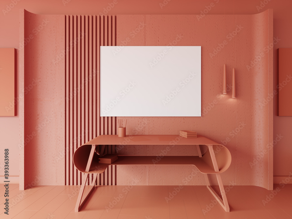 3d render: Monochrome terracotta color workplace interior. Home office ...