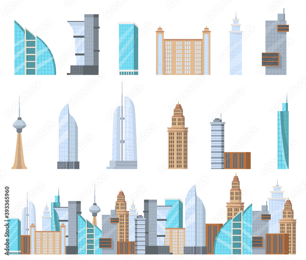 Modern commercial skyscrapers flat set for web design. Cartoon high ...