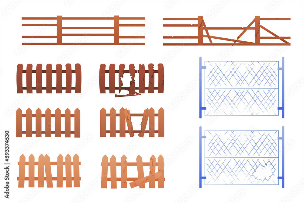 Broken hedge, fence on a white background. Destroyed fencing, fractured ...