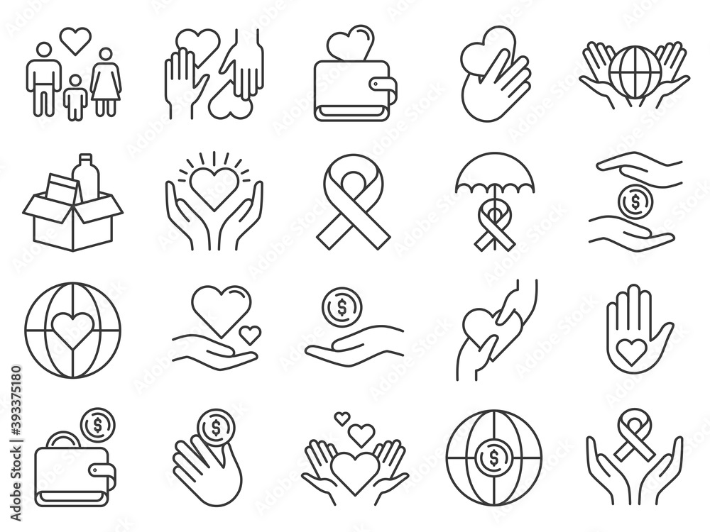 Charity and donation icon. Hands donating money and hearts. Community ...