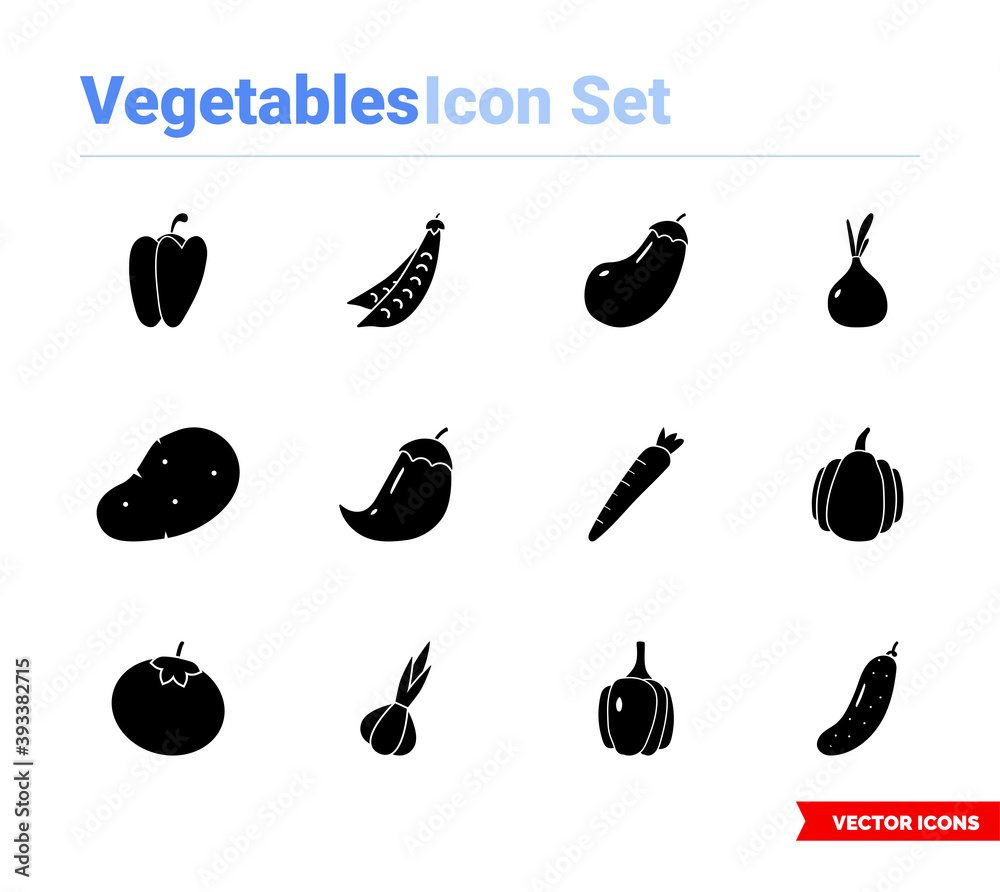 Vegetables icon set of black and white types. Isolated vector sign ...