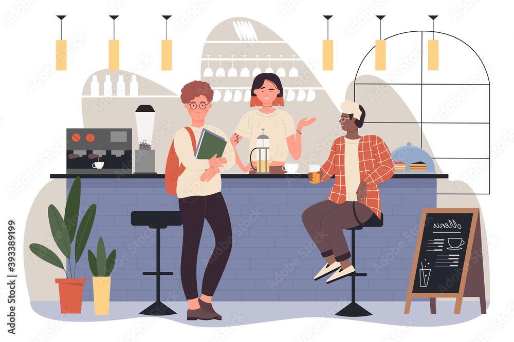 People on bar pub vector illustration. Cartoon woman bartender ...