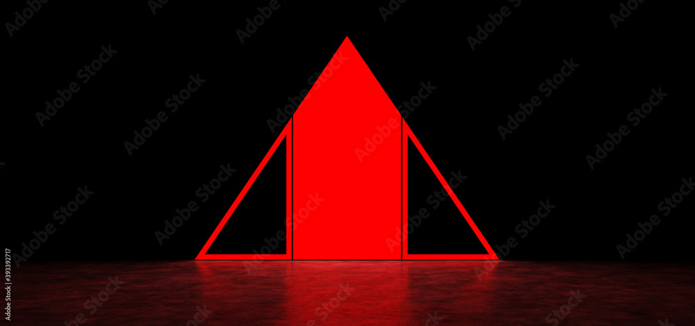 Glowing abstract red sign in the shape of a triangle in dark space ...