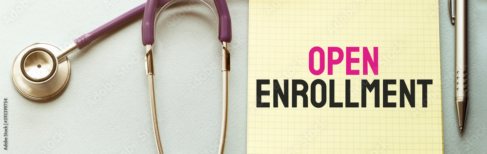 On a purple background a stethoscope with yellow list with text OPEN ...