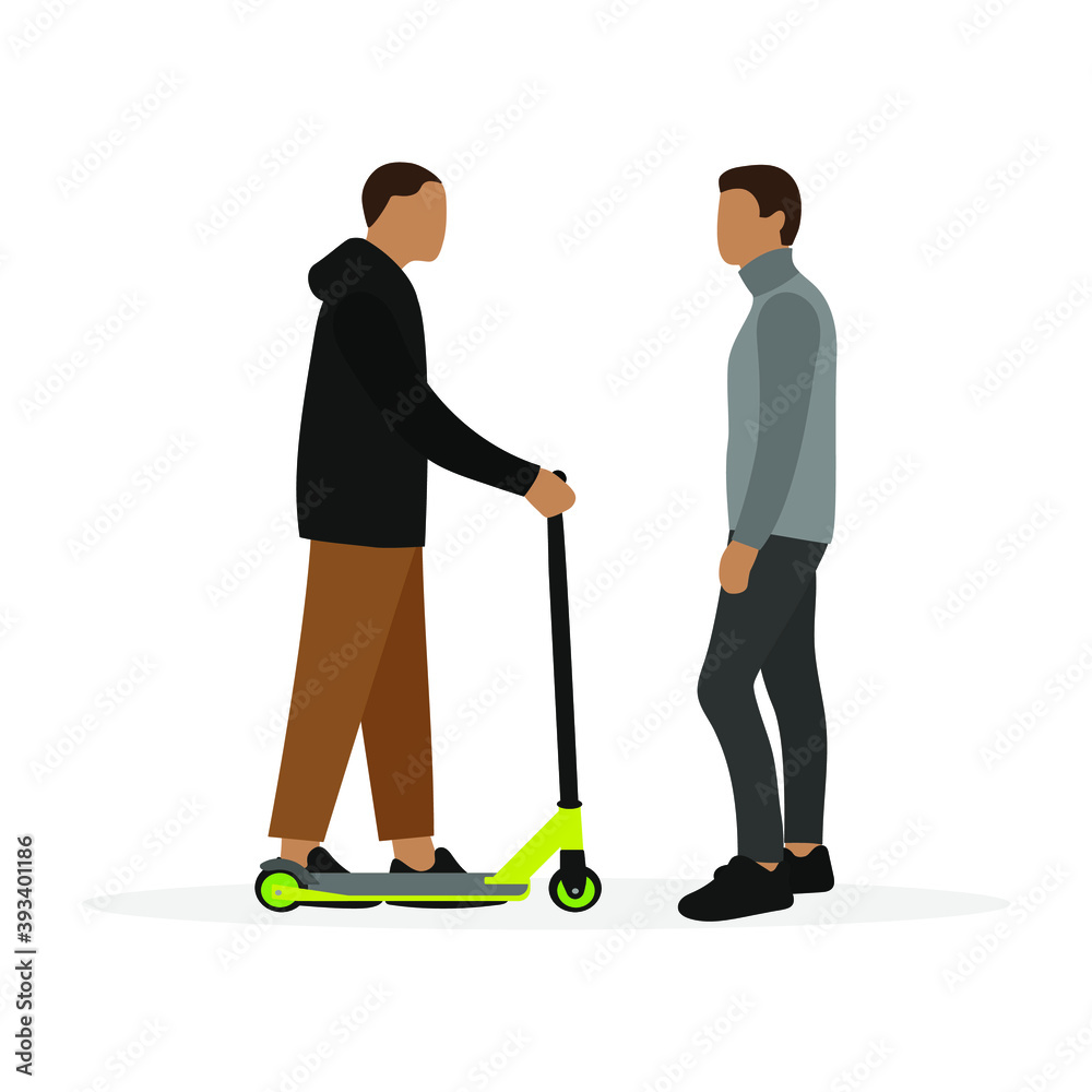 Two male characters, one of them with a scooter, on a white background ...