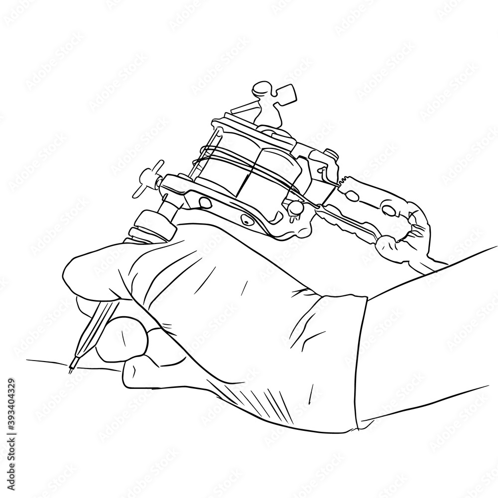 Outline sketch of hand in glove makes a tattoo. Tattoo master concept ...