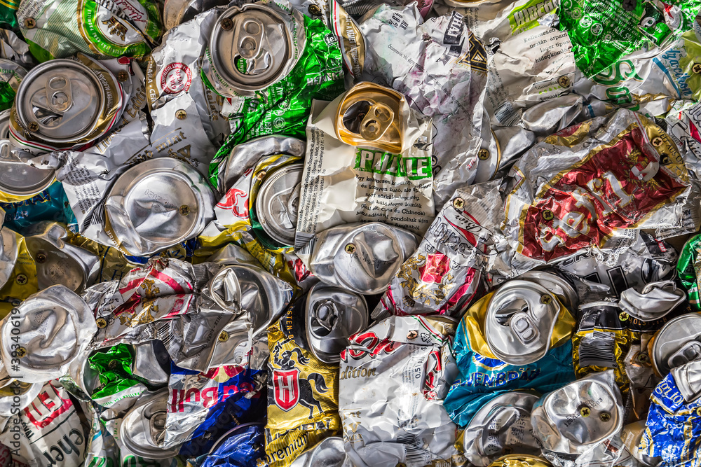 Budapest, Hungary - October 10, 2019: Recycled aluminum beverage cans ...