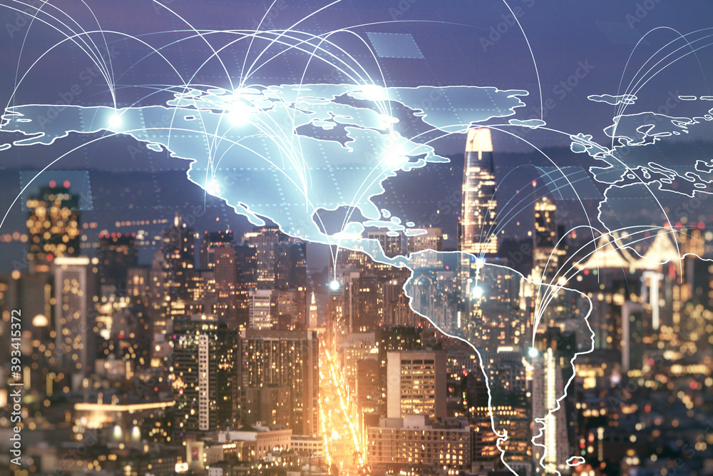 Double exposure of abstract digital world map hologram with connections ...