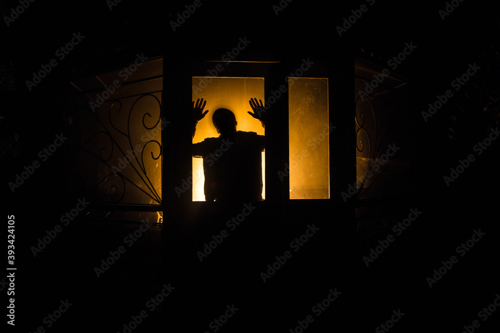 Silhouette of an unknown shadow figure on a door through a closed glass ...