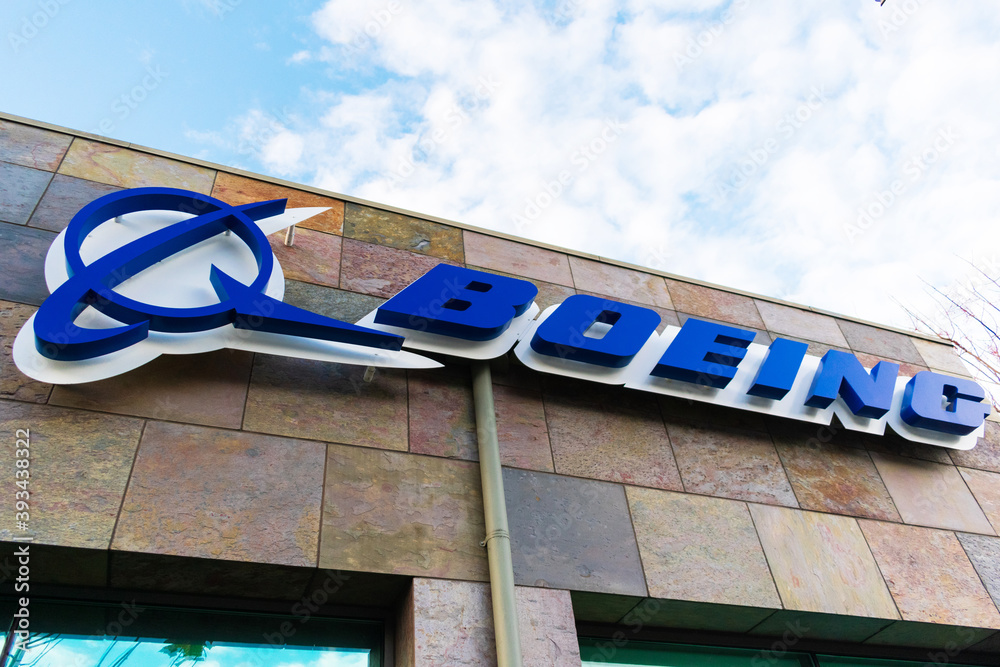 Boeing sign logo on office building. The Boeing Company is an American ...