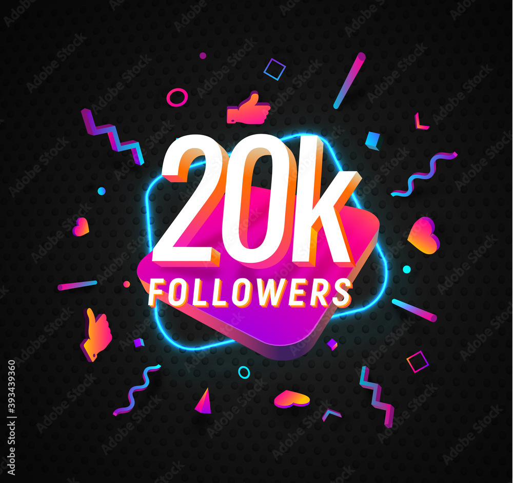 20k followers celebration in social media vector web banner on dark ...