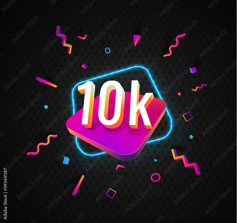10k followers celebration in social media vector web banner on dark ...