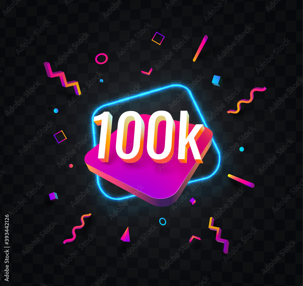 100k followers celebration in social media web banner on dark ...